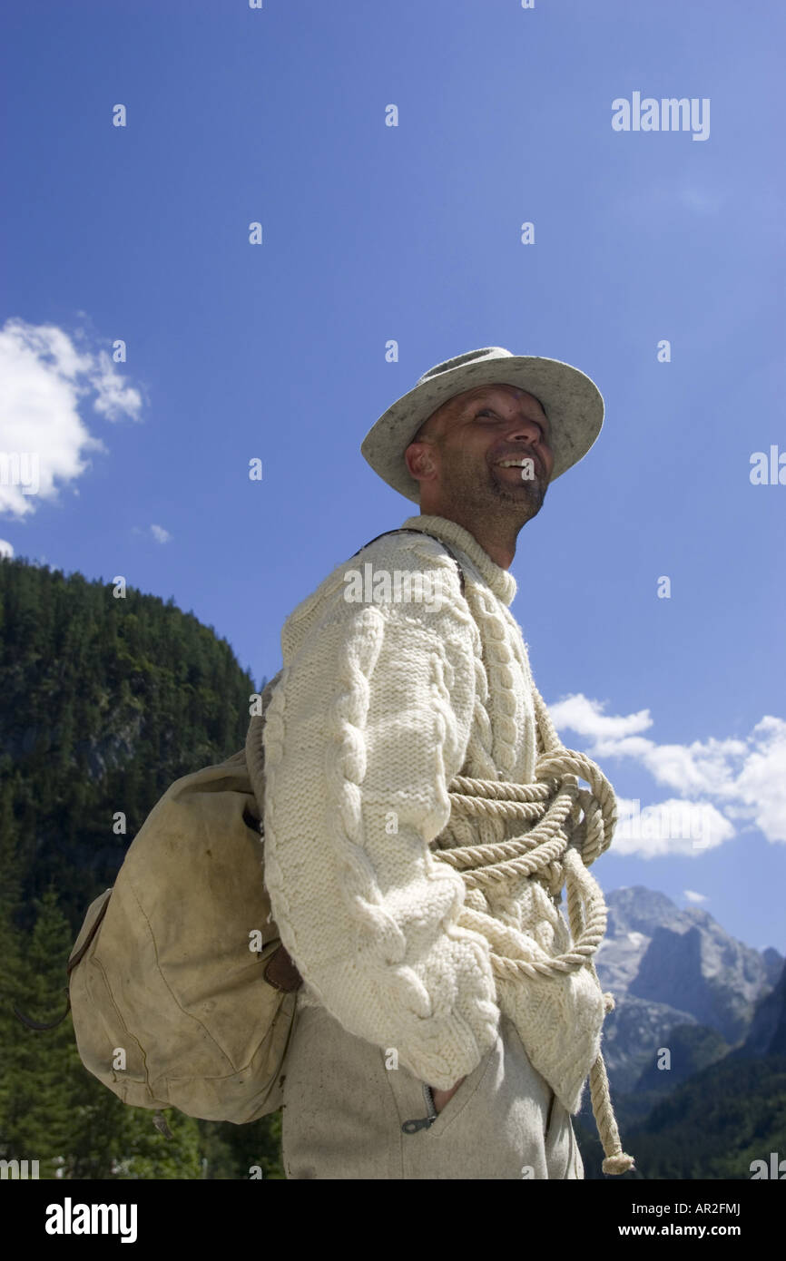 histotric mountain climber in traditional clothing, Austria, Gosautal ...
