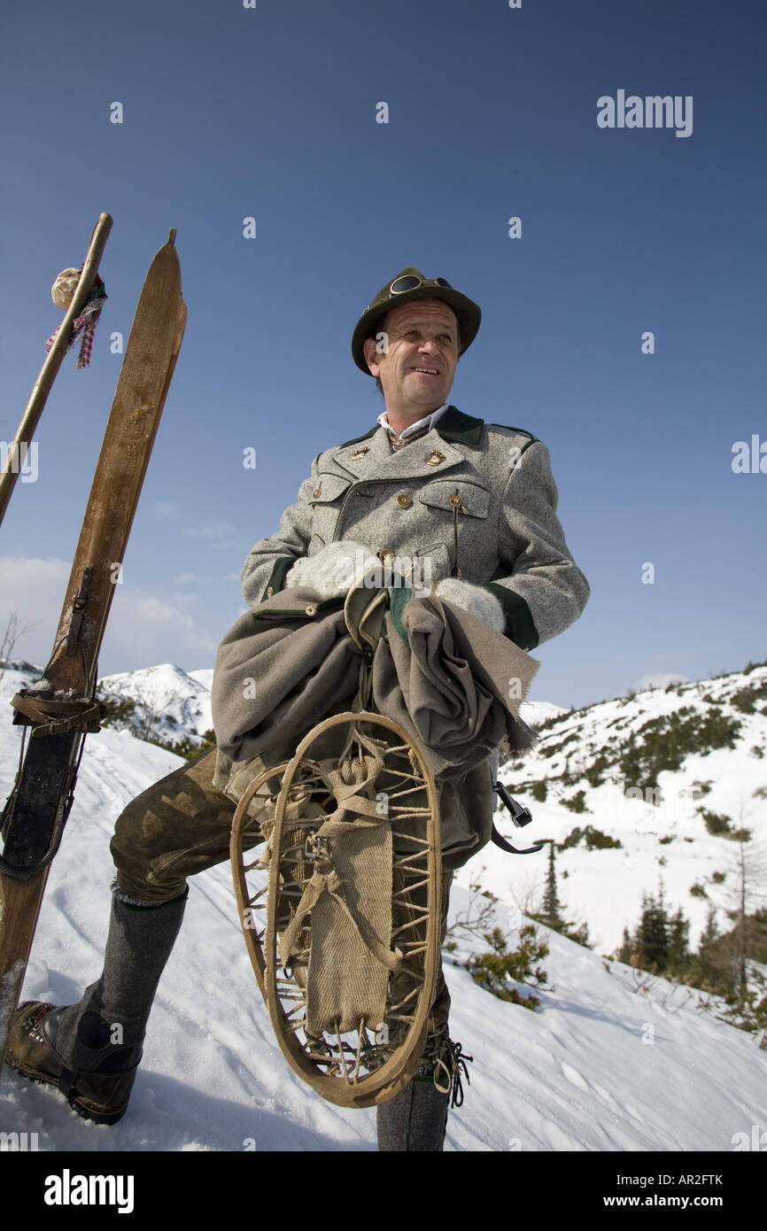 Skier in old fashioned clothing wooden hi-res stock photography and ...