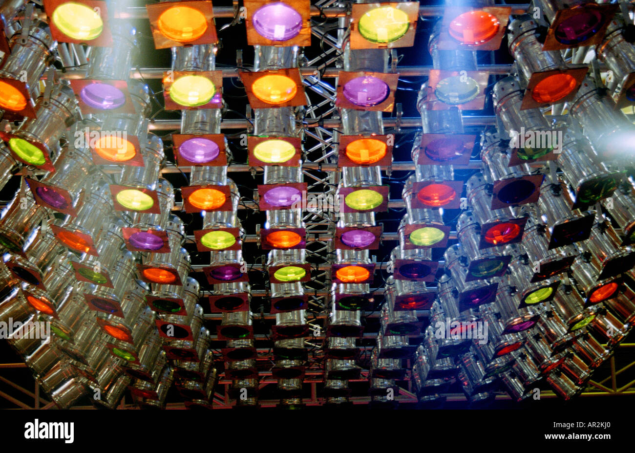 Rows of multi colored spotlights Stock Photo - Alamy