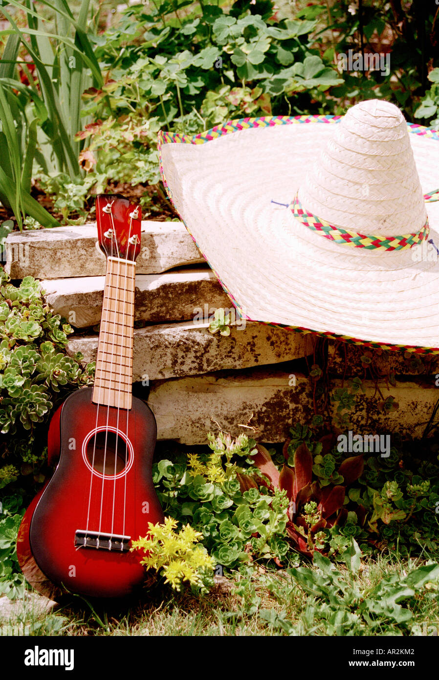 Ukulele and sombrero on stone bench in garden Stock Photo - Alamy