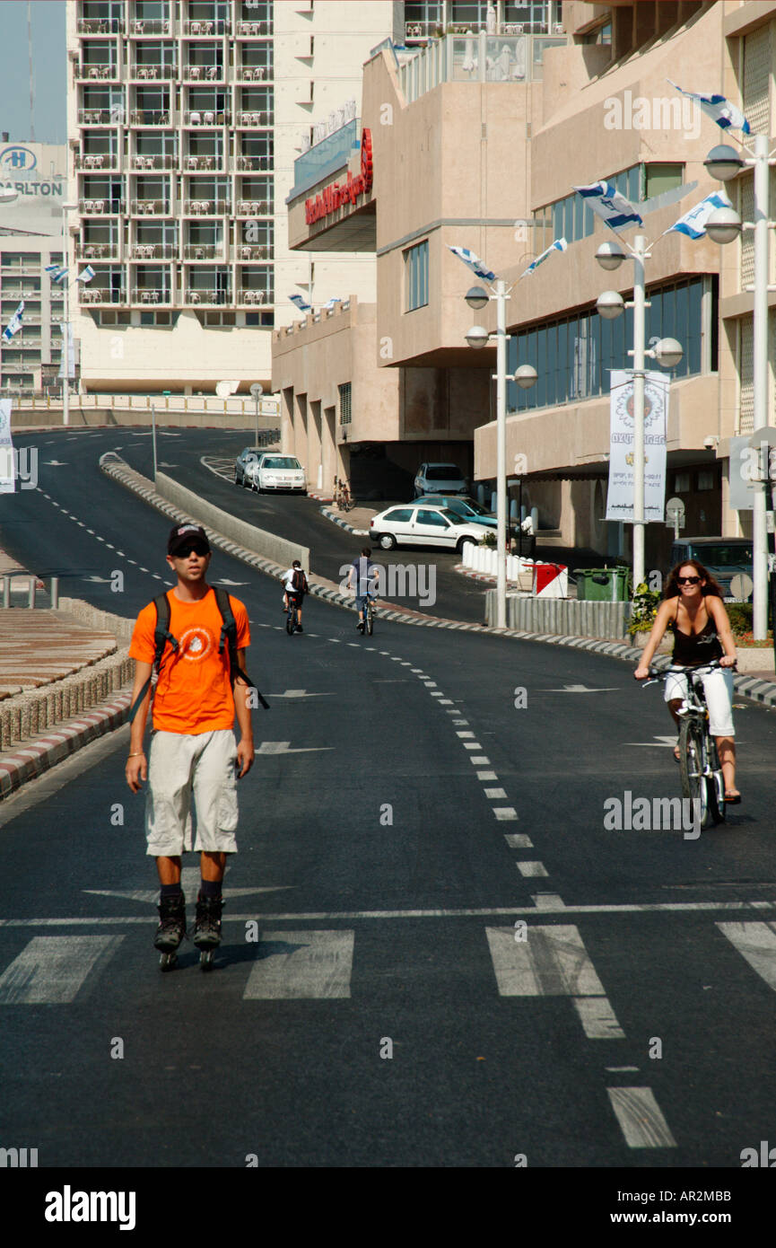 Israel Tel Aviv Herbet Samuel Street roller blade riders in the street ...