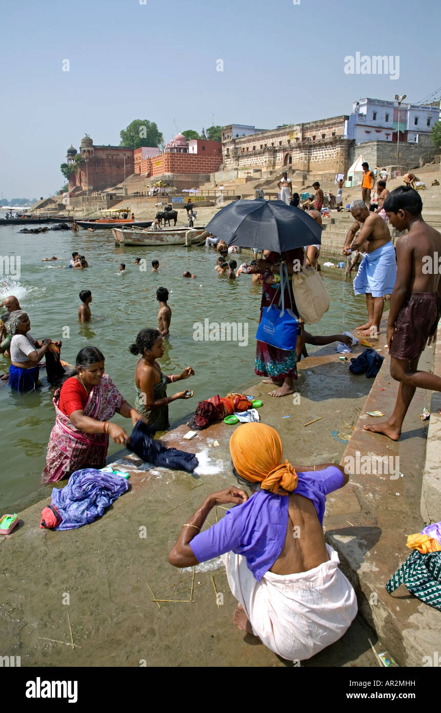 Ritual morning bath. Kedar Ghat. Ganges river. Varanasi. India Stock ...
