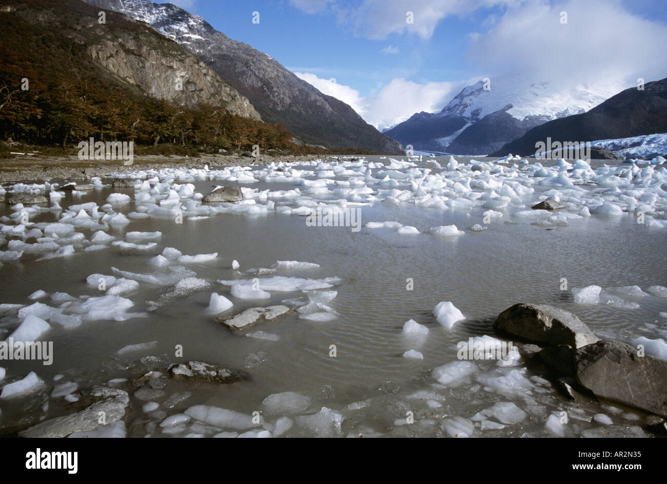 View from Onelli Lagoon over Lago Argentino with its icebergs and ...