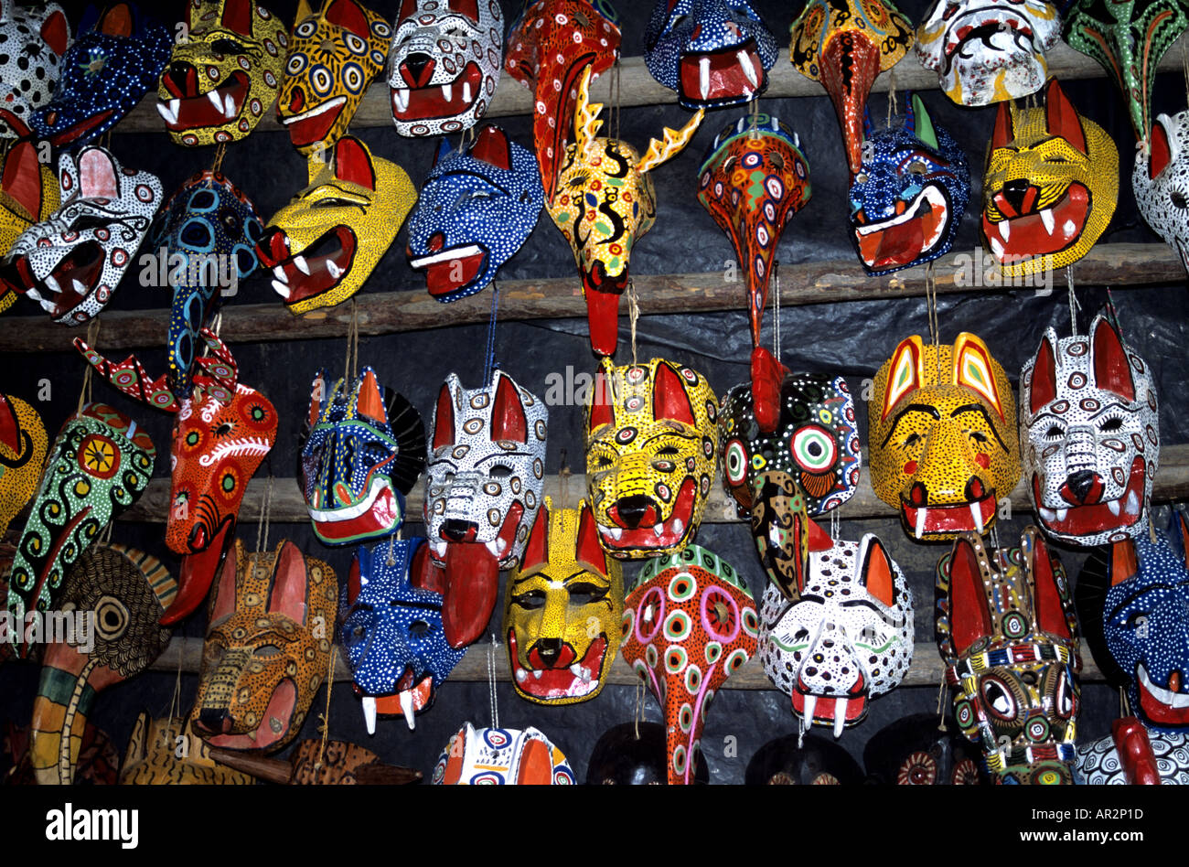 Painted wooden animal masks at Chichicastenango market, Guatemala ...