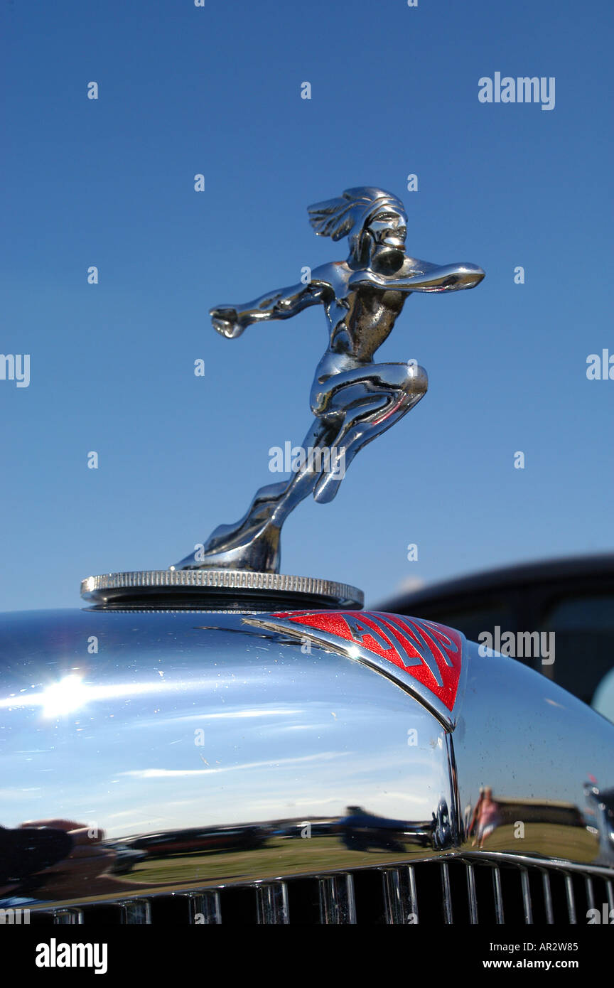 Running Indian emblem on vintage Alvis car at classic car show Stock ...