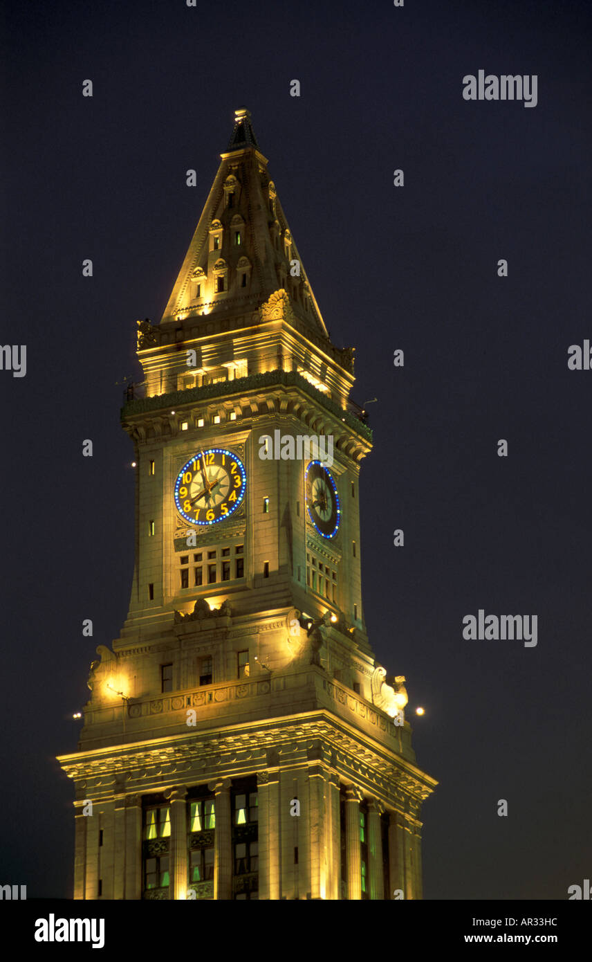 Illuminated clock tower at night, Boston, Massachusetts USA Stock Photo ...