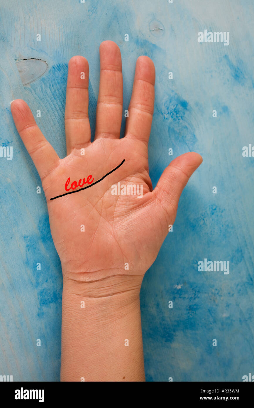 Palm with underlined love line to explain palmistry rules Stock Photo ...