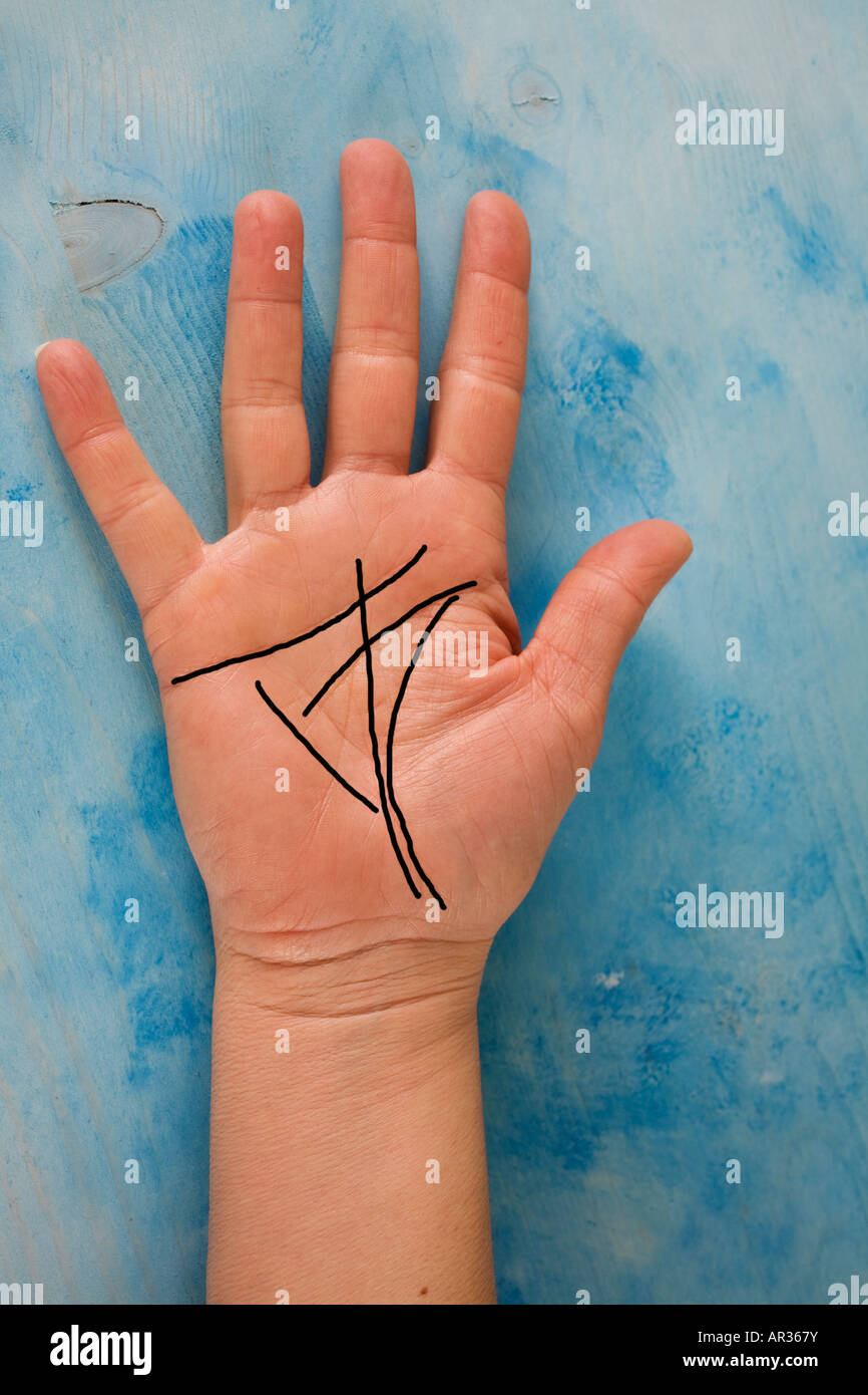 Palm with underlined lines to explain palmistry rules Stock Photo - Alamy