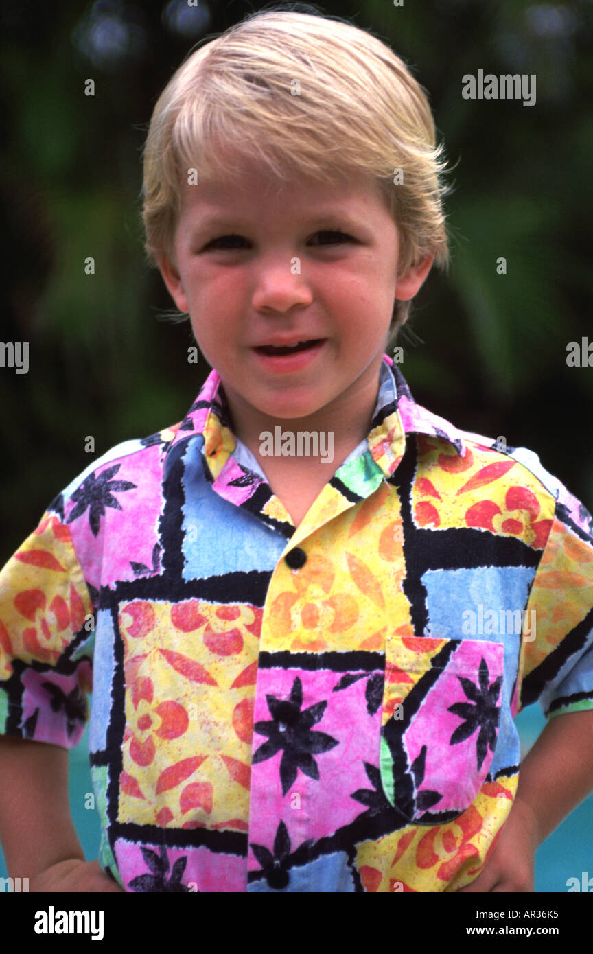 Blond boy in aloha shirt Stock Photo - Alamy