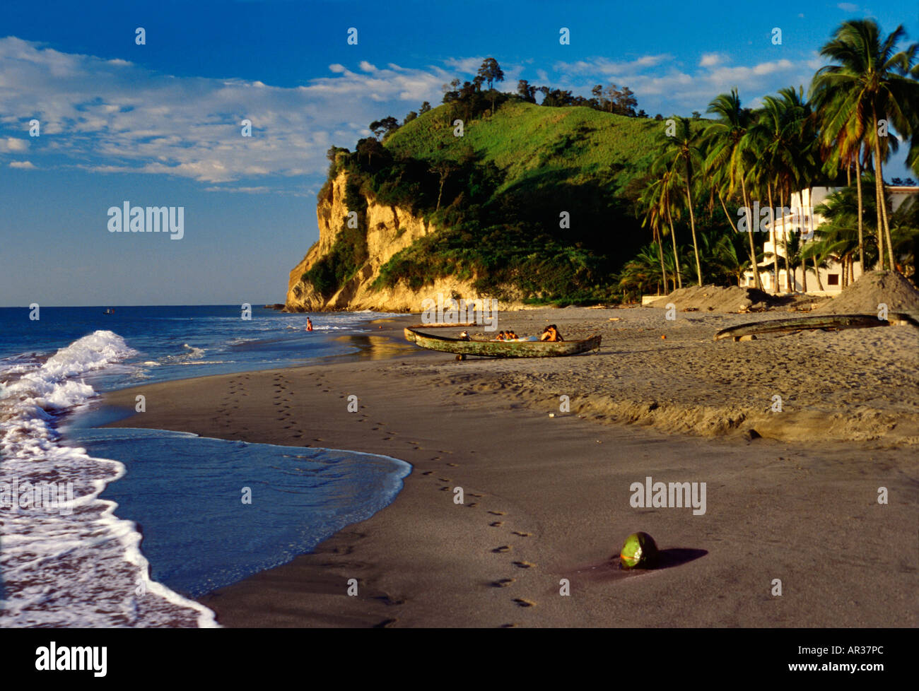 People and boats on a sandy beach, Same, Ecuador, South America ...