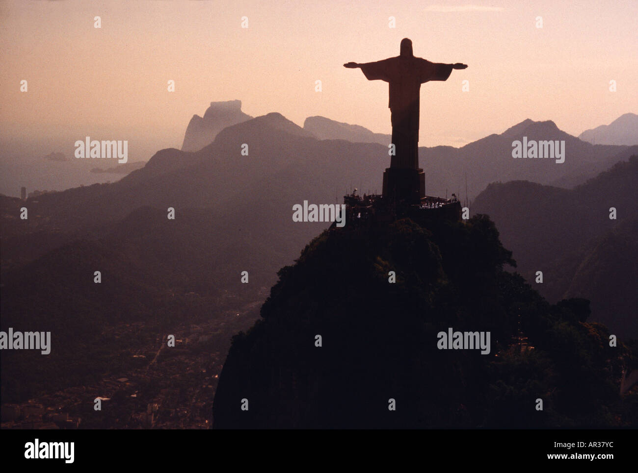 Aerial view of Corcovado statue at sunset, Rio de Janeiro, Brazil ...