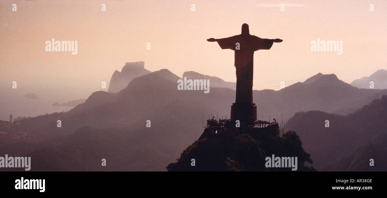Aerial view of Corcovado statue at sunset, Rio de Janeiro, Brazil ...