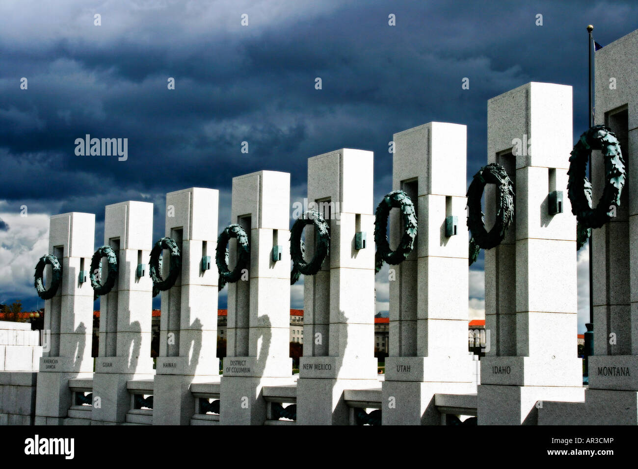 WWII Memorial pillars with clouds Stock Photo - Alamy