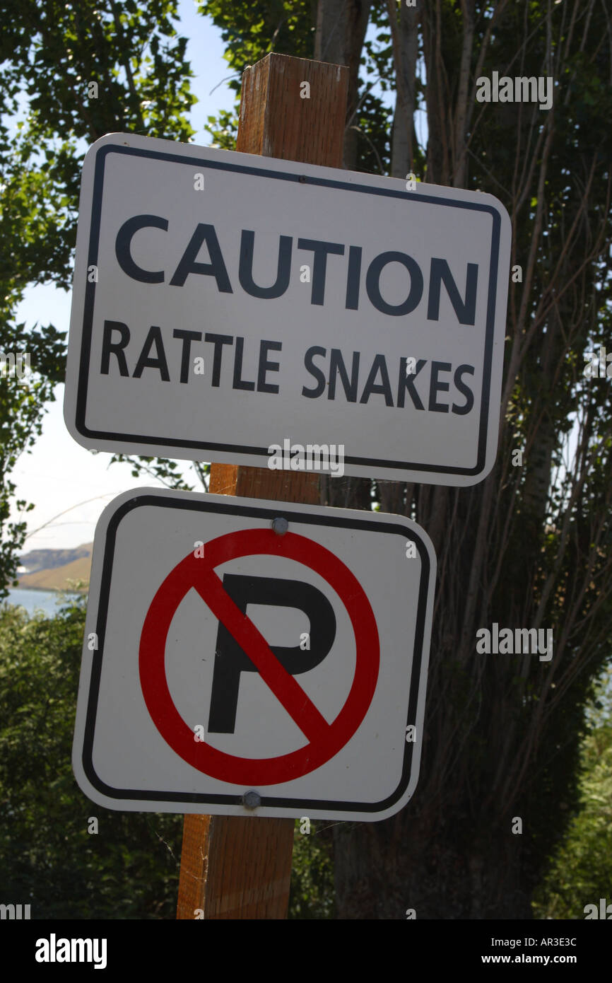 Rattlesnake warning sign at Lyons Ferry Park Washington state Stock ...
