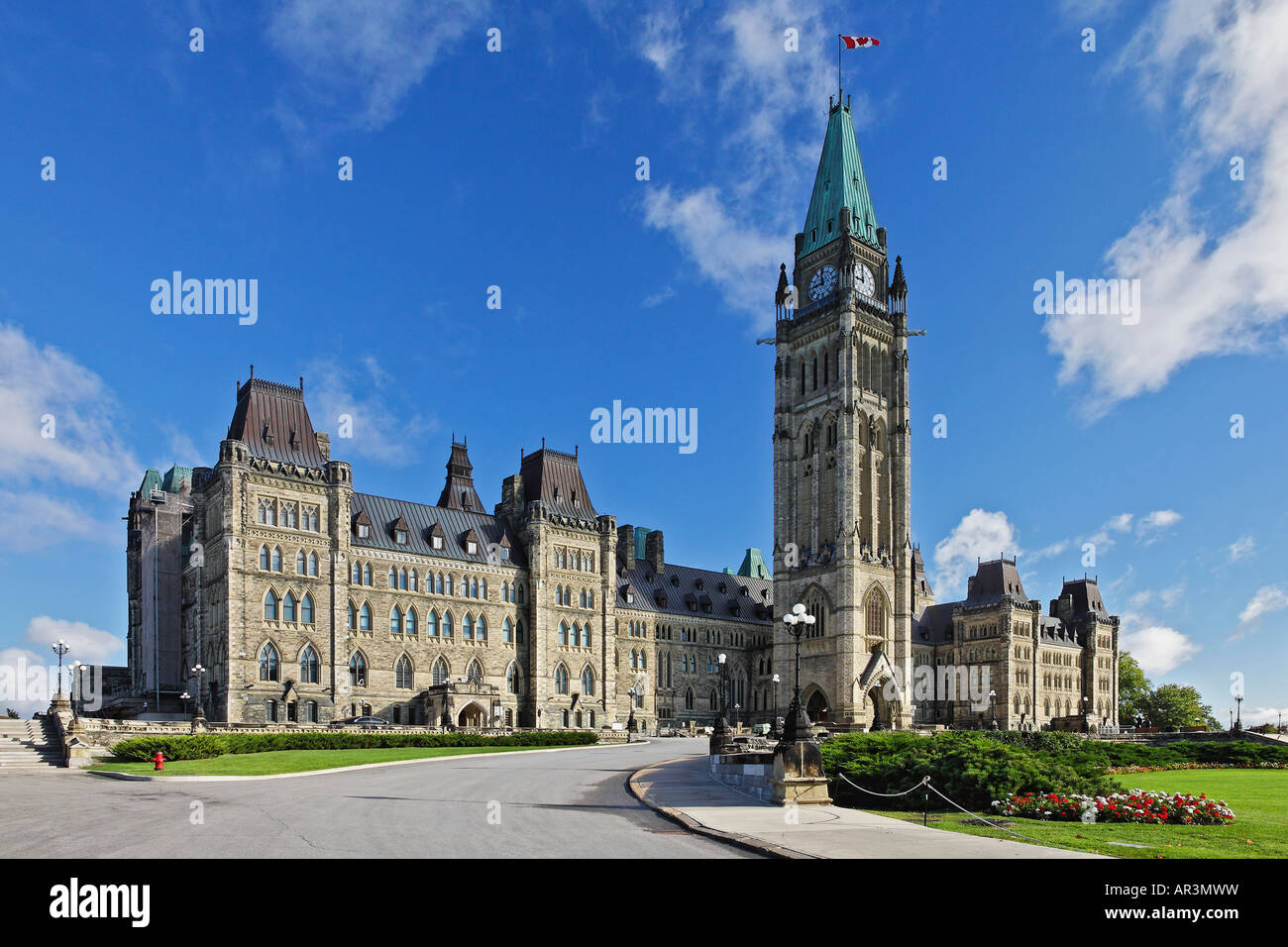 The Peace Tower rises high above the Centre Block of Parliament Hill in ...