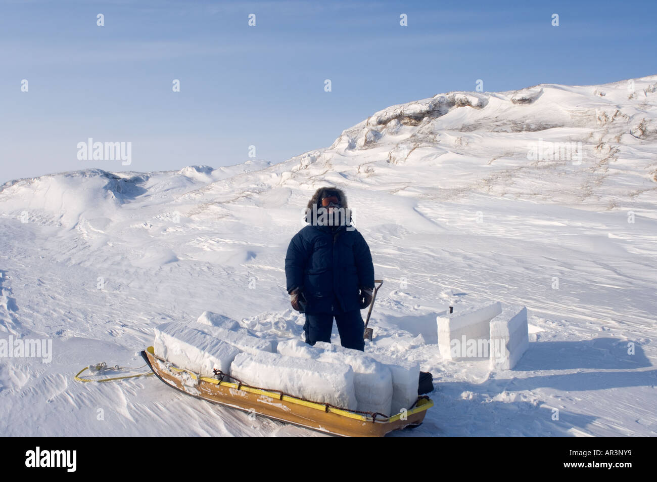 photographer Steven Kazlowski cut snow blocks for an igloo snow blind ...