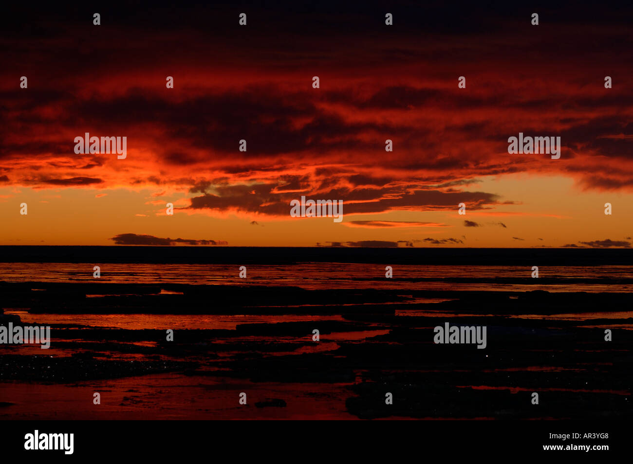 sunrise over fall freeze up of the Arctic ocean off the coast of the ...
