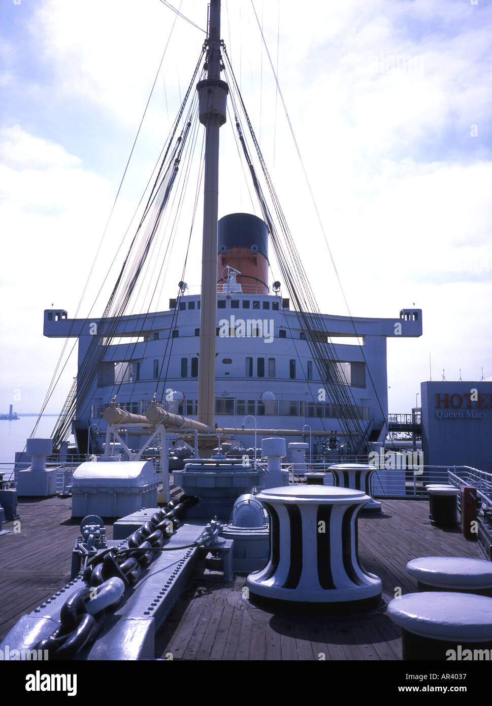 Anchor chain on the forecastle, ahead of the bridge of the Queen Mary ...