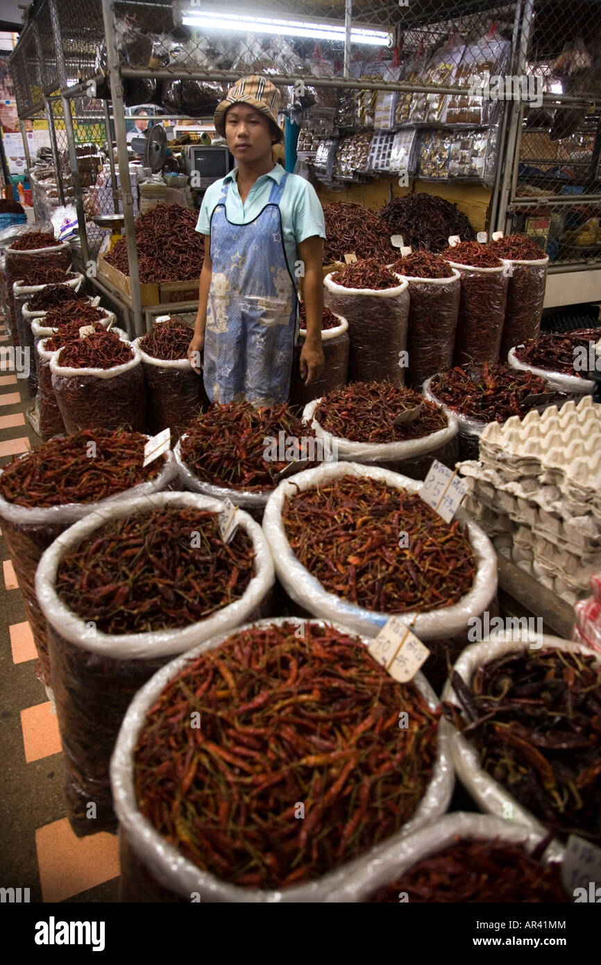 Market stall selling fresh chilli peppers in Chiang Rai food market ...