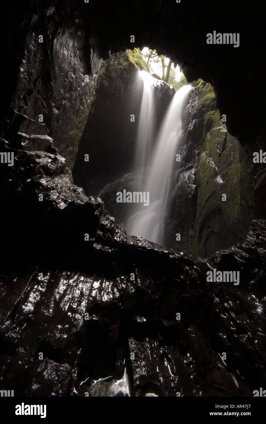 waterfall Pont rhyd y groes Ceredigion Hafod estate Stock Photo - Alamy