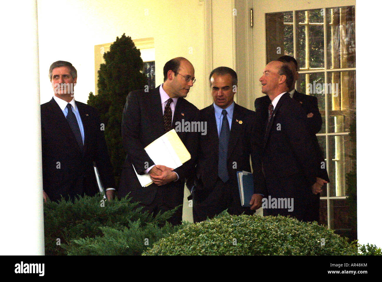 3/7/02 Andrew Card, Ari Fleischer, Mitch Daniels talk outside of the ...