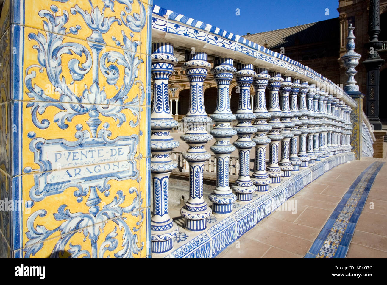 Detail of a ceramic balustrade, Plaza de Espana, Seville, Spain Stock ...
