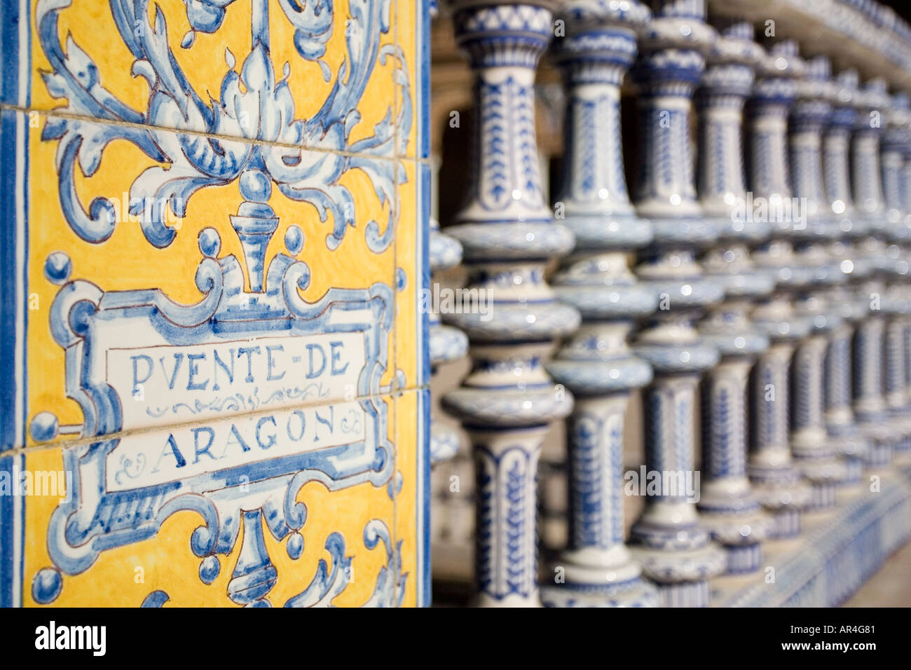 Detail of a ceramic balustrade, Plaza de Espana, Seville, Spain Stock ...