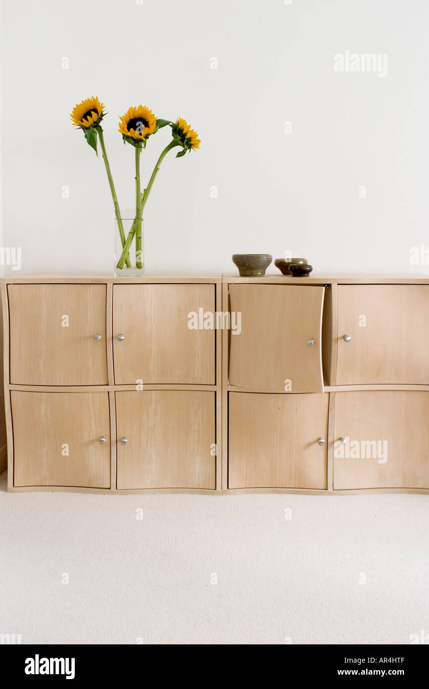 A contemporary interior with maple cabinet and sunflowers Stock Photo ...