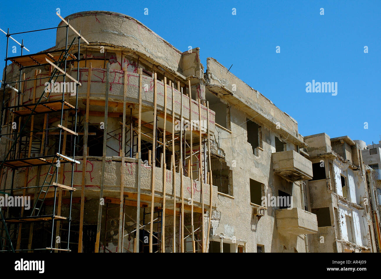 An old Bauhaus architecture style building under renovation in Hayarkon ...