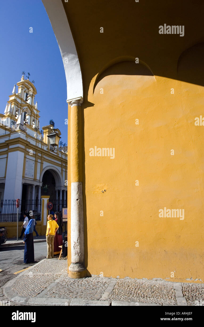 View through Arch of Macarena, gateway of ancient Seville city walls ...