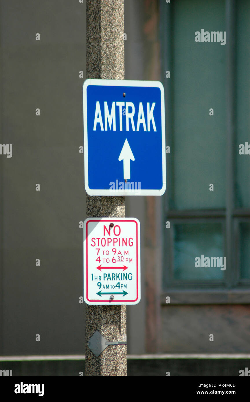 Amtrak Station sign for trains in the USA California America Stock ...