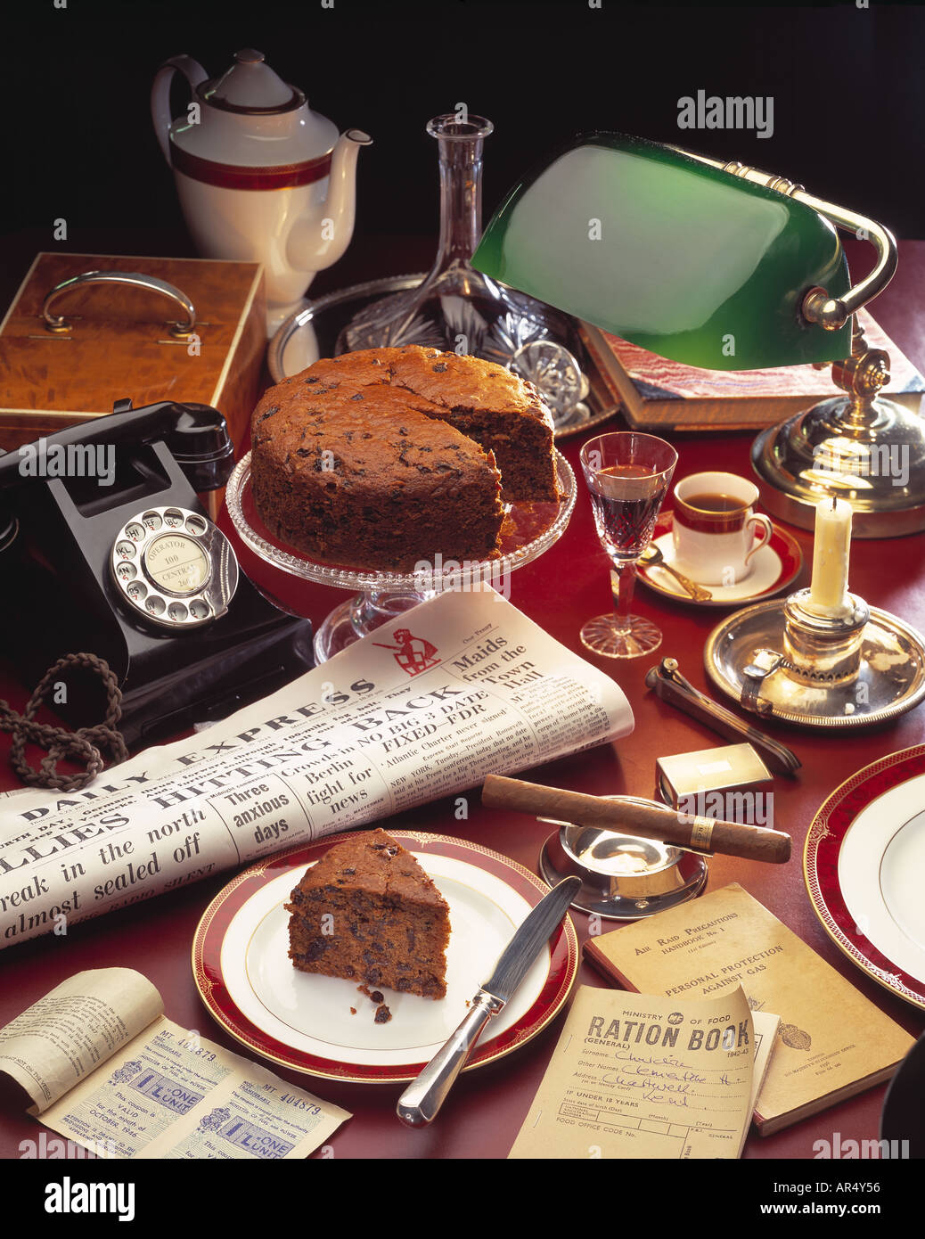 Wartime Cake Winston Churchill setting with cup of tea newspaper ration ...