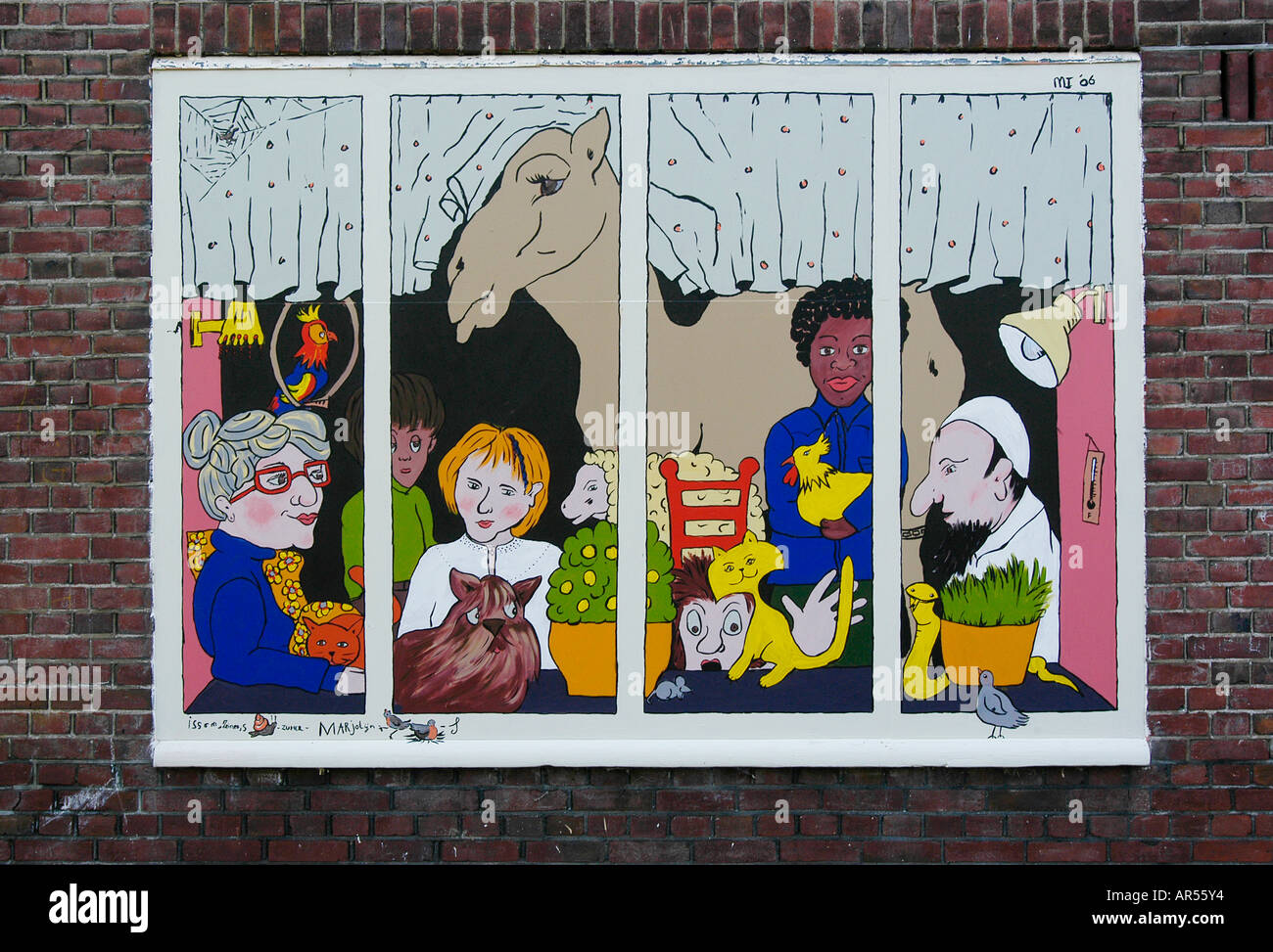 Multicultural painting in a window Stock Photo - Alamy