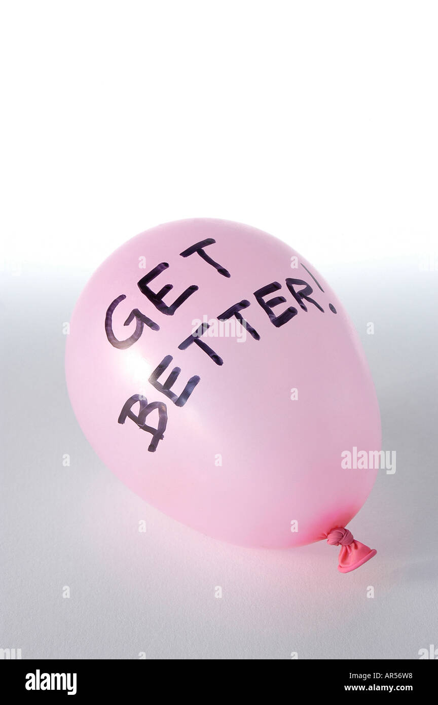 A pink balloon on a white background saying get better Stock Photo - Alamy