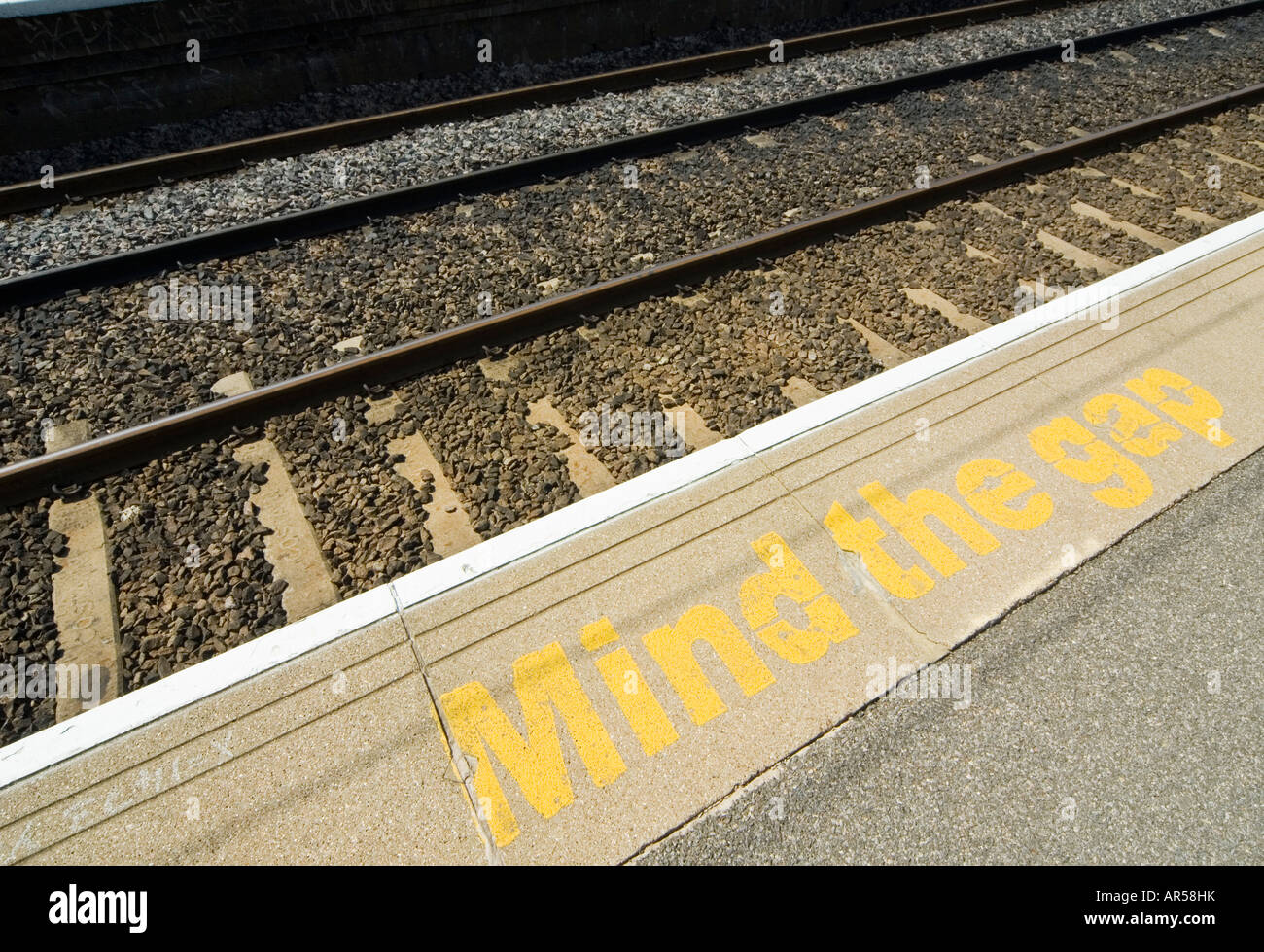 Mind the Gap warning sign on a railway platform England Stock Photo - Alamy