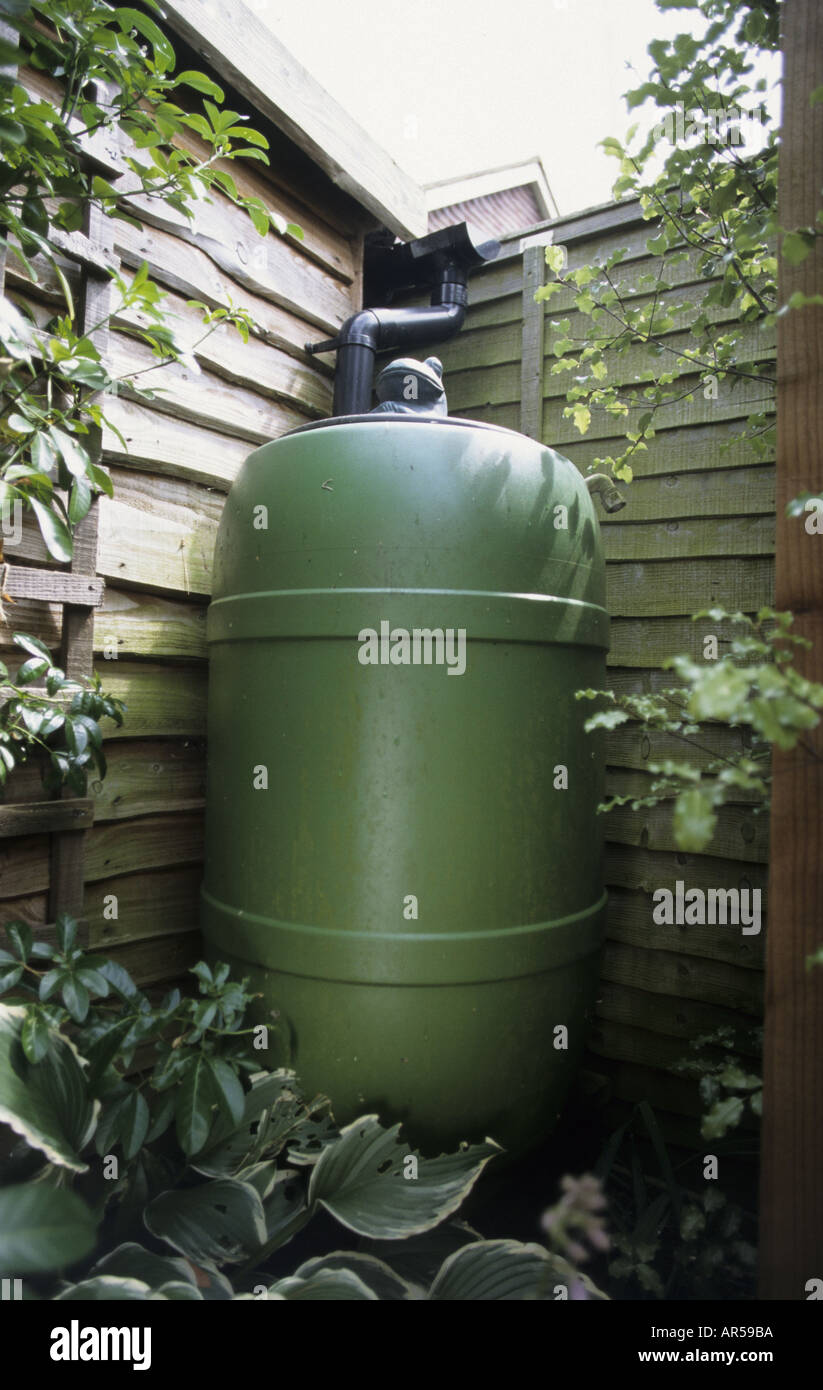 WATER BUTT IN GARDEN USED TO CATCH RAIN WATER ARUNDEL SUSSEX UK Stock ...