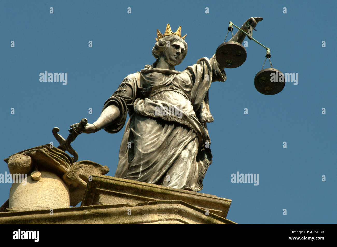 Statue of justice with scales and sword Bath Avon ENgland UK Europe ...