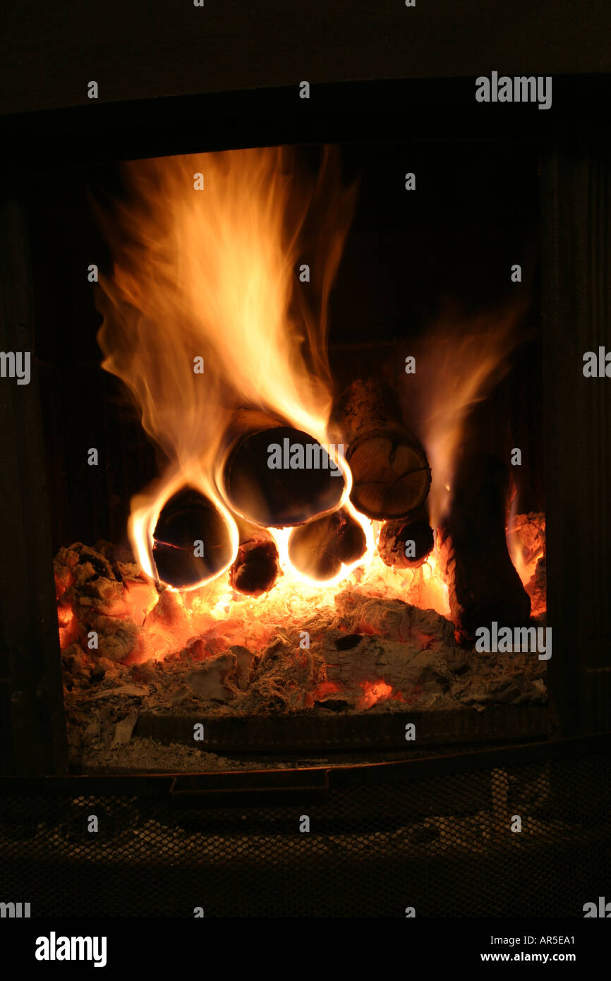 Logs alight in a wood burning stove Stock Photo - Alamy