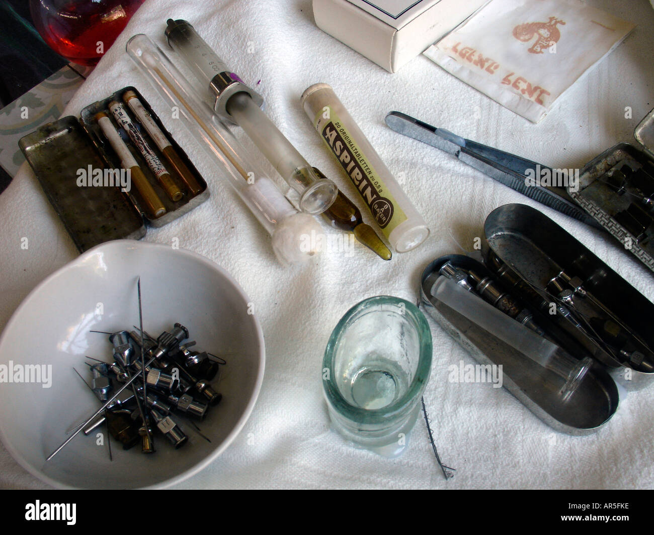 Collection of old medical tools on a table Stock Photo - Alamy