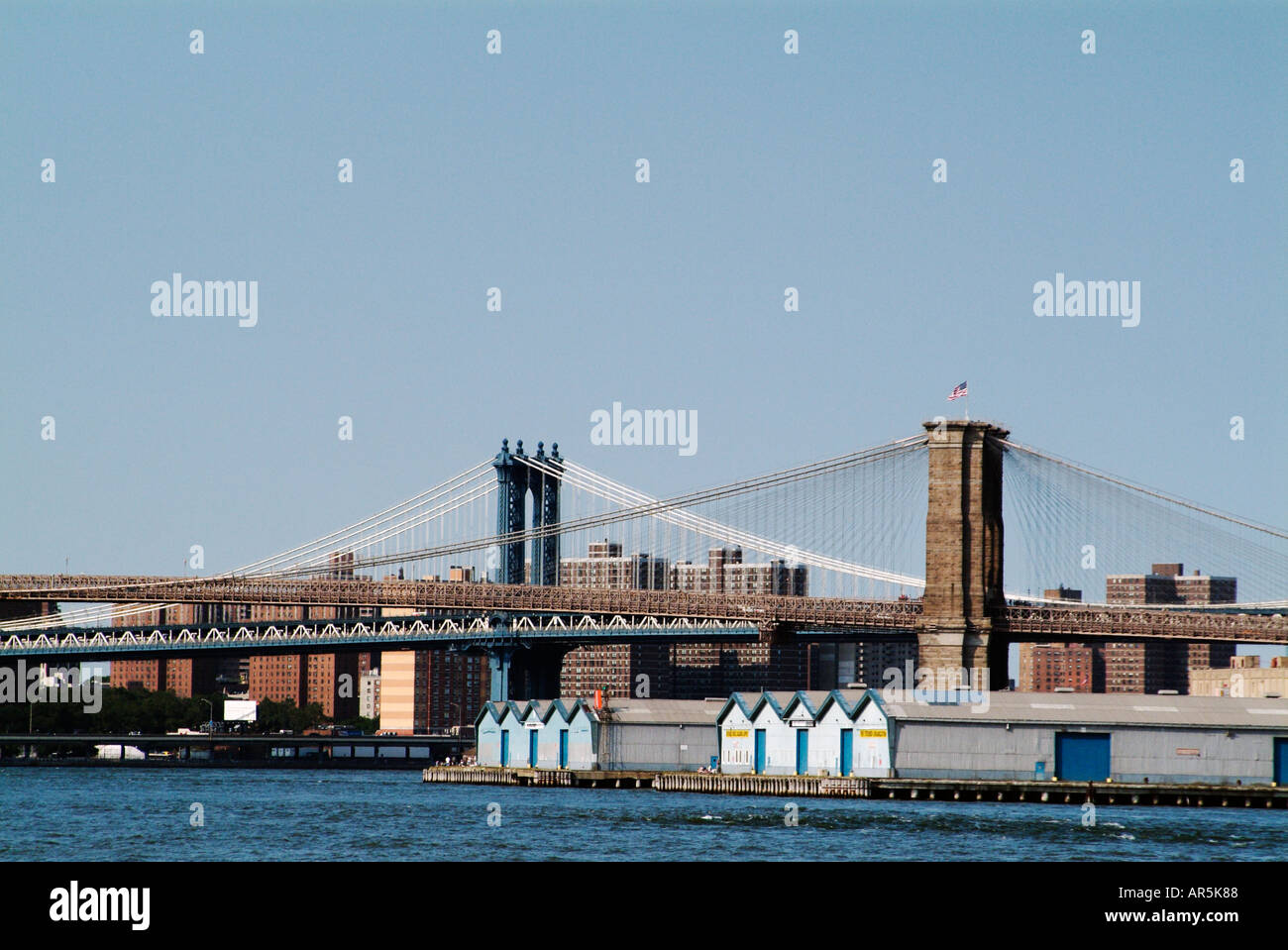 A view of the Brooklyn waterfront from the East River with the Brooklyn ...