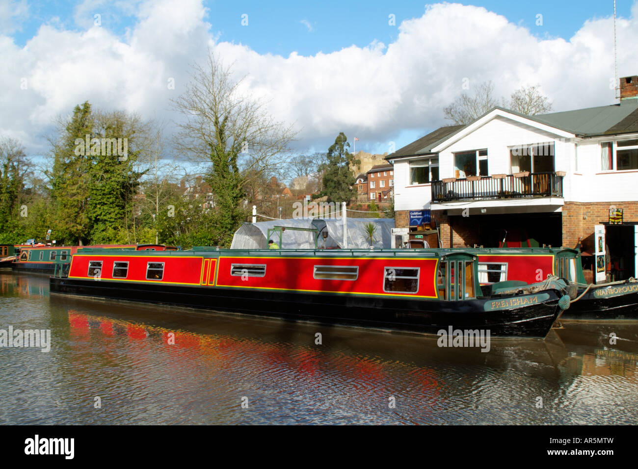 River Wey Guildford Surrey England Canalboats at the boathouse Stock ...