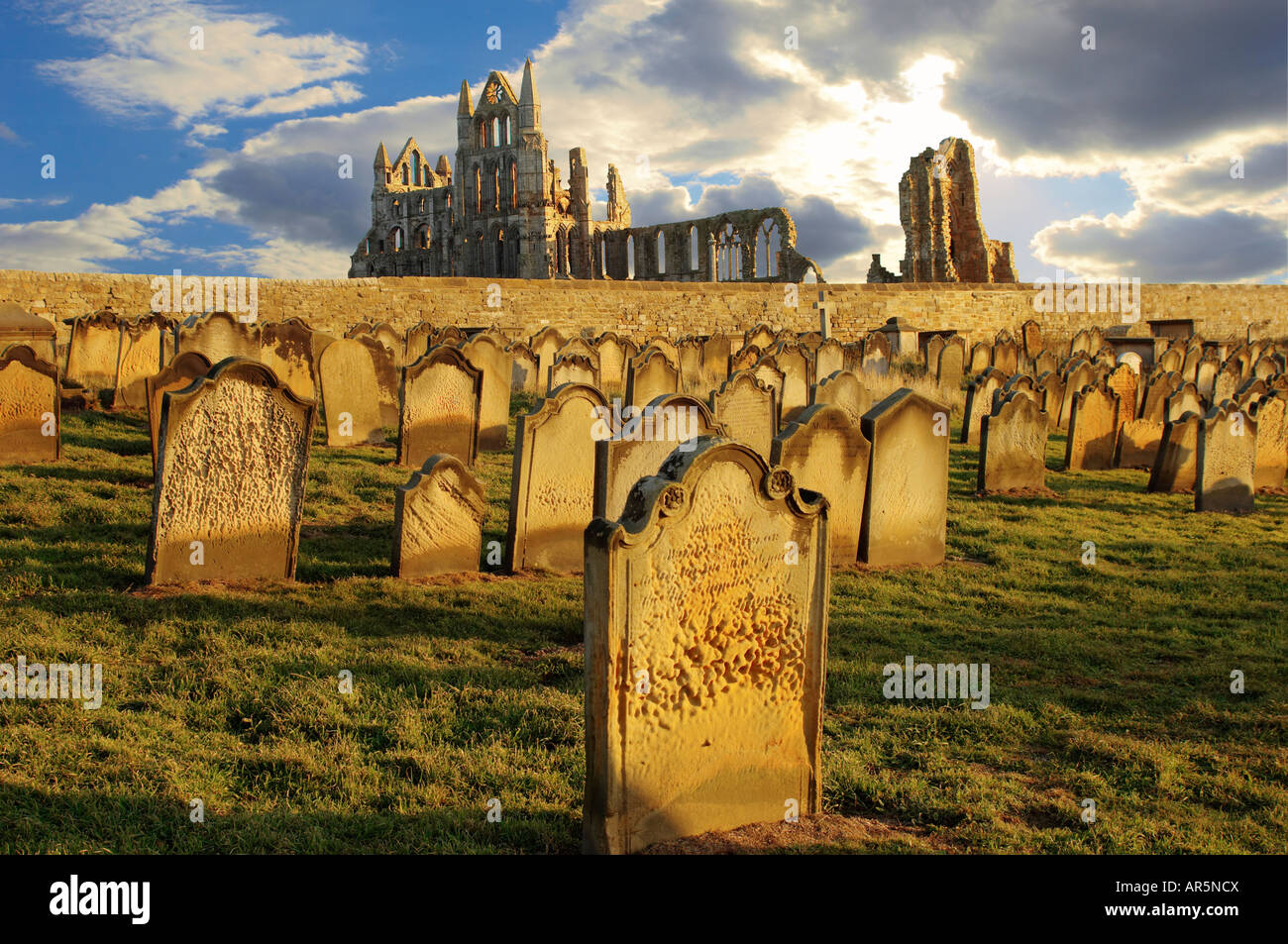 Whitby Abbey with grave stones at sunset Stock Photo - Alamy