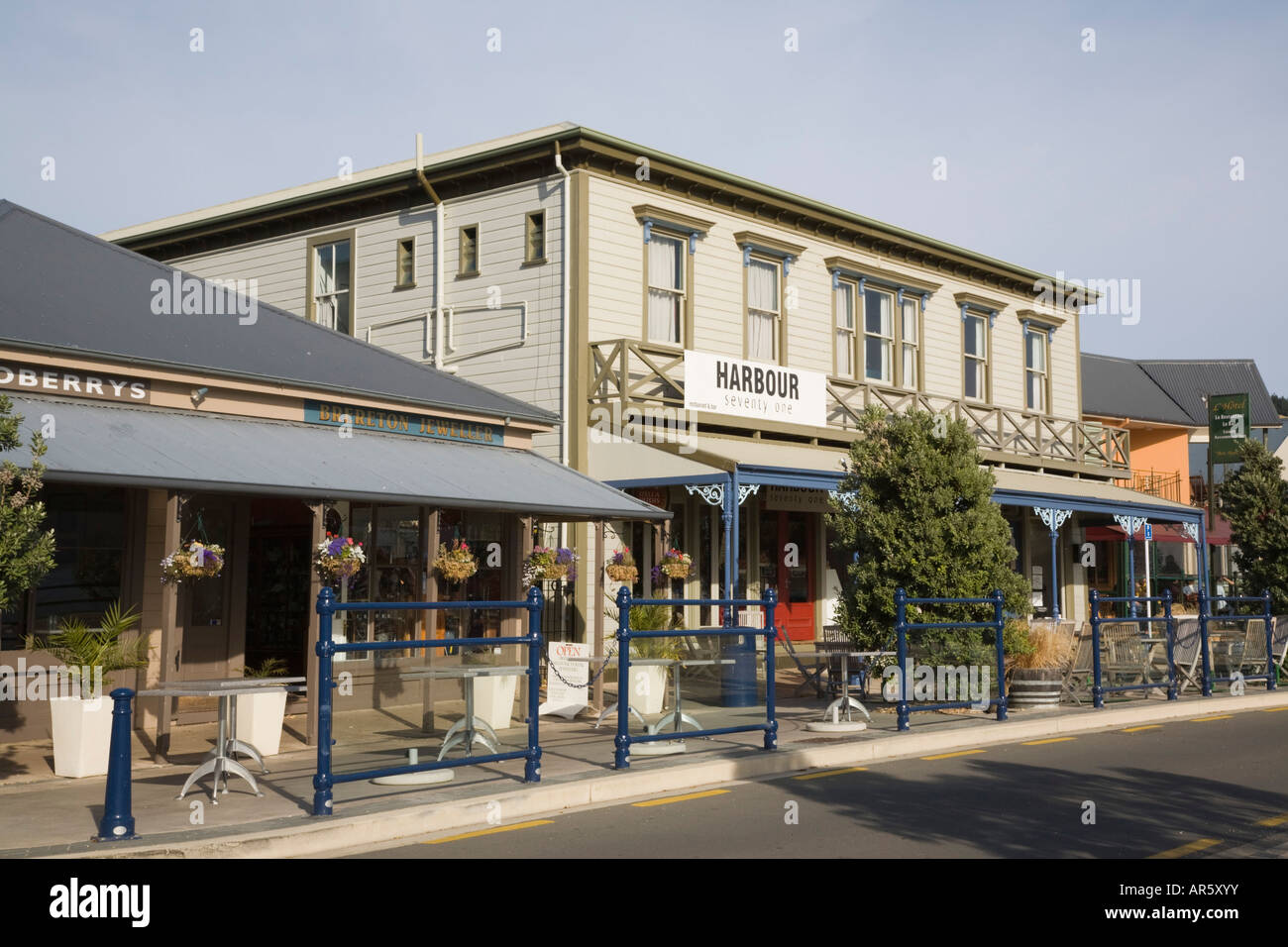 Typical colonial style wooden hotel cafe and shop buildings Akaroa ...