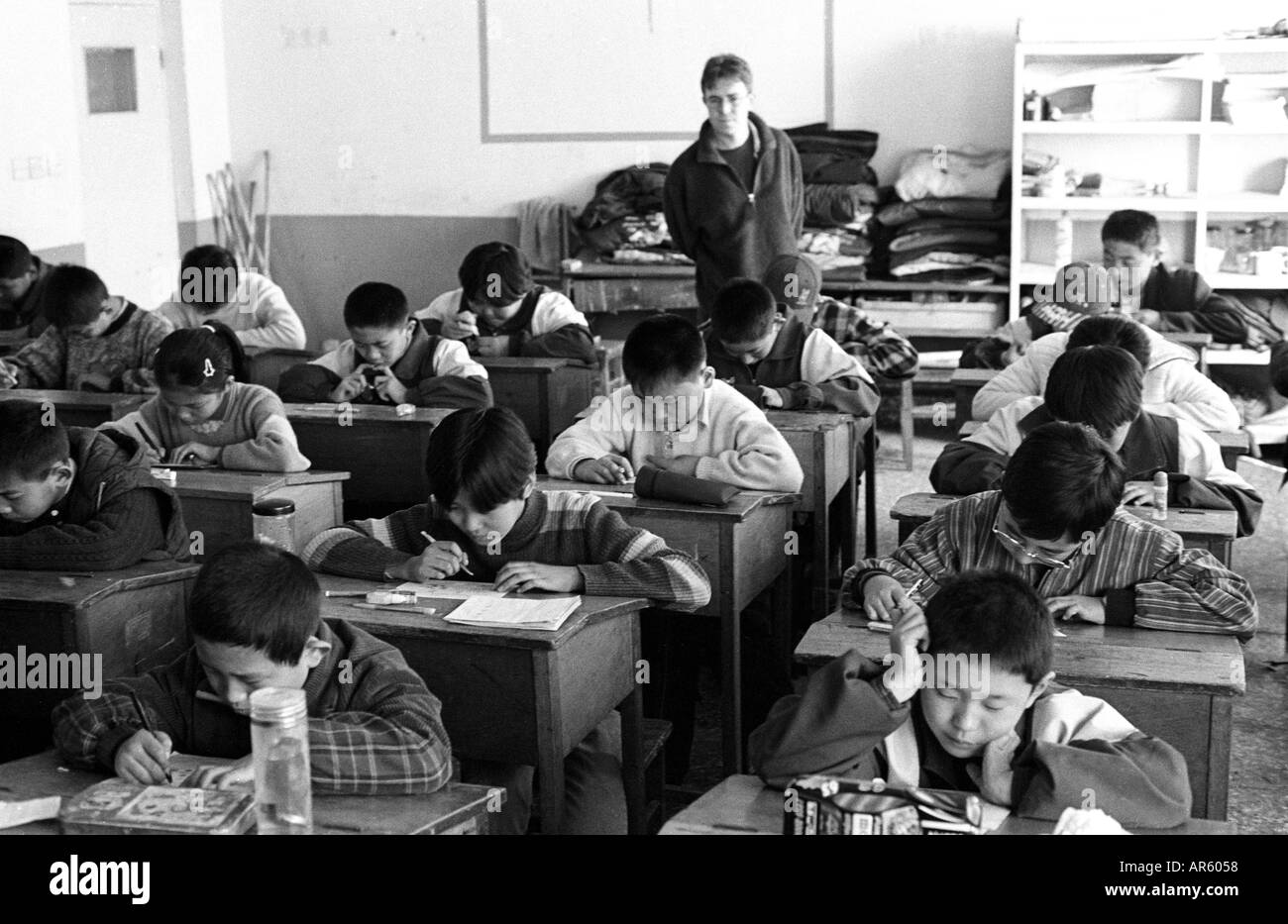 Chinese school children and teacher Black and White Stock Photos ...