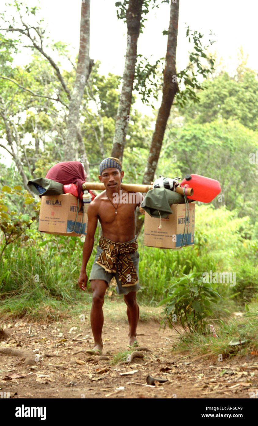 Porter carrying supplies up Mount Rinjani active volcano on the island ...