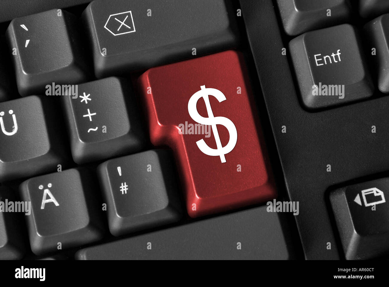 Close up of a computer keyboard Red button showing a dollar sign Stock ...