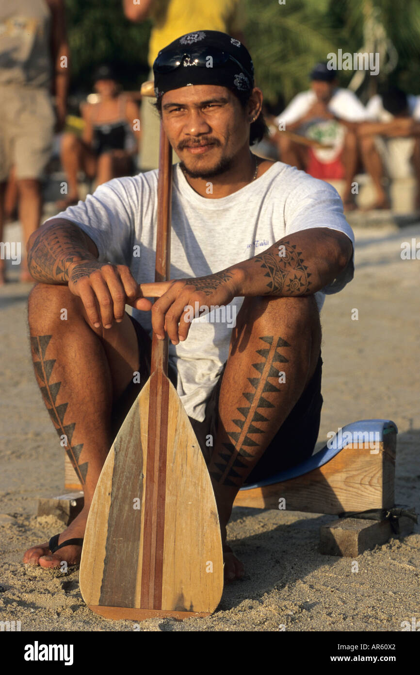 Tahitian Man with Canoe Paddle, Tahiti, French Polynesia Stock Photo ...