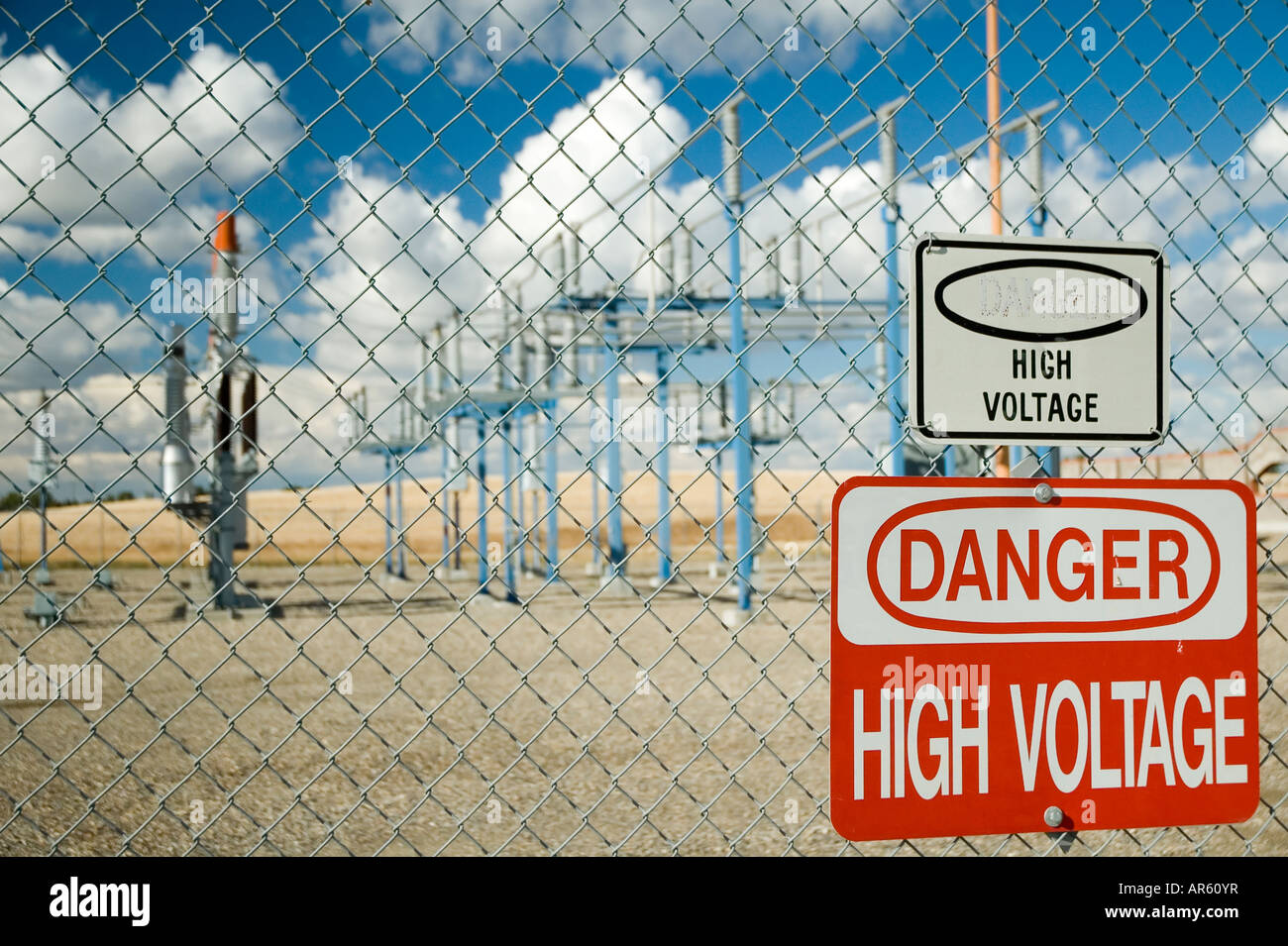 Electrical substation with High Voltage sign Stock Photo - Alamy