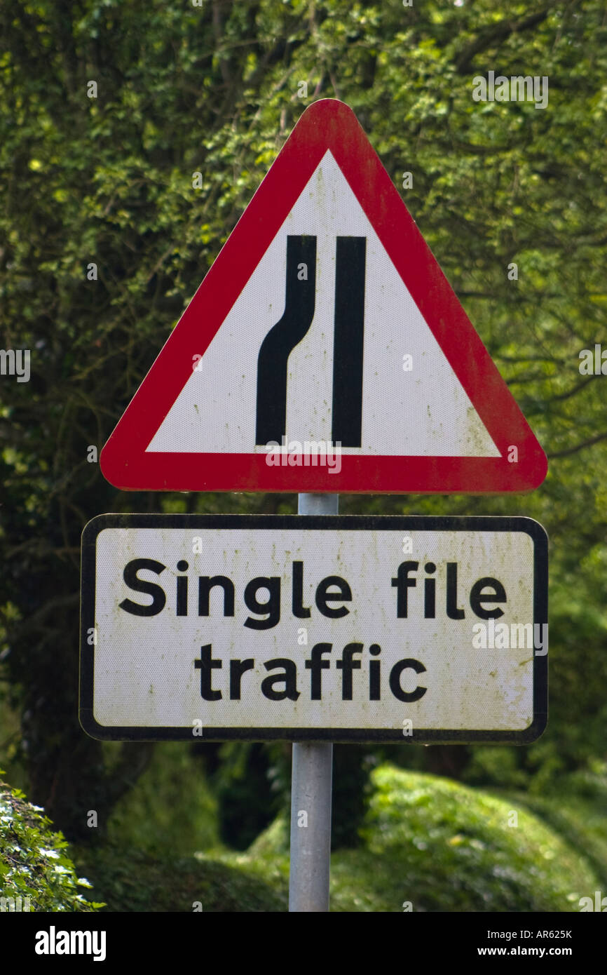 Single file traffic ahead road sign Stock Photo - Alamy