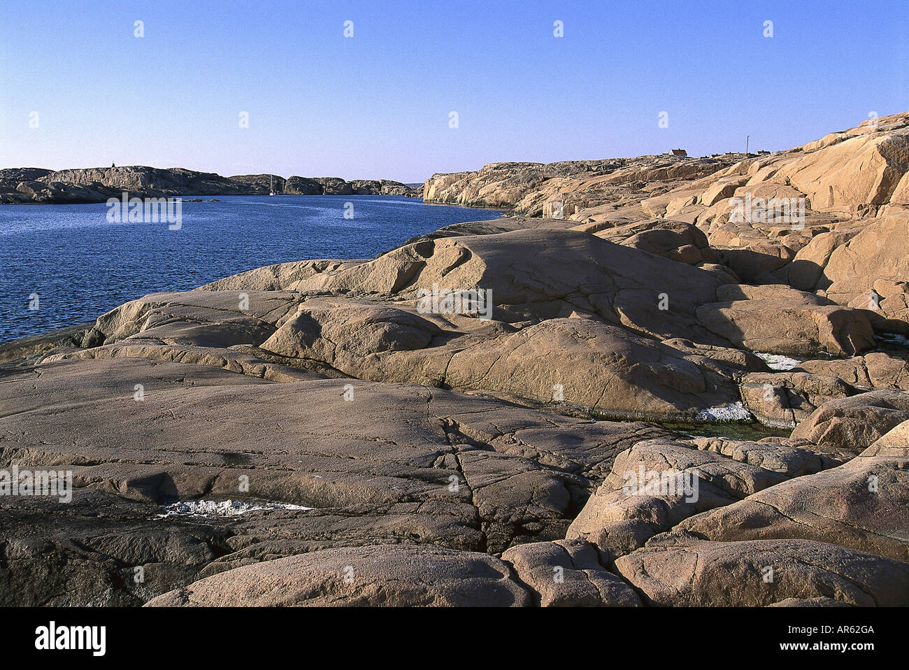 Smooth granite rocks, Coastal landscape near Smoegen, Bohuslan, Sweden ...